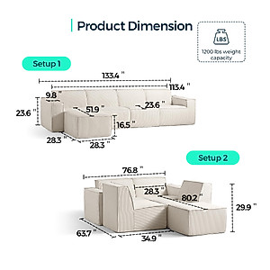 LINSY HOME Oversized Deep Modular Sectional Sofa, Cloud Couch L Shaped 4-Seat Sofa with Ottoman, Corduroy Sectional Couches for Living Room, No Assembly Required, Beige
