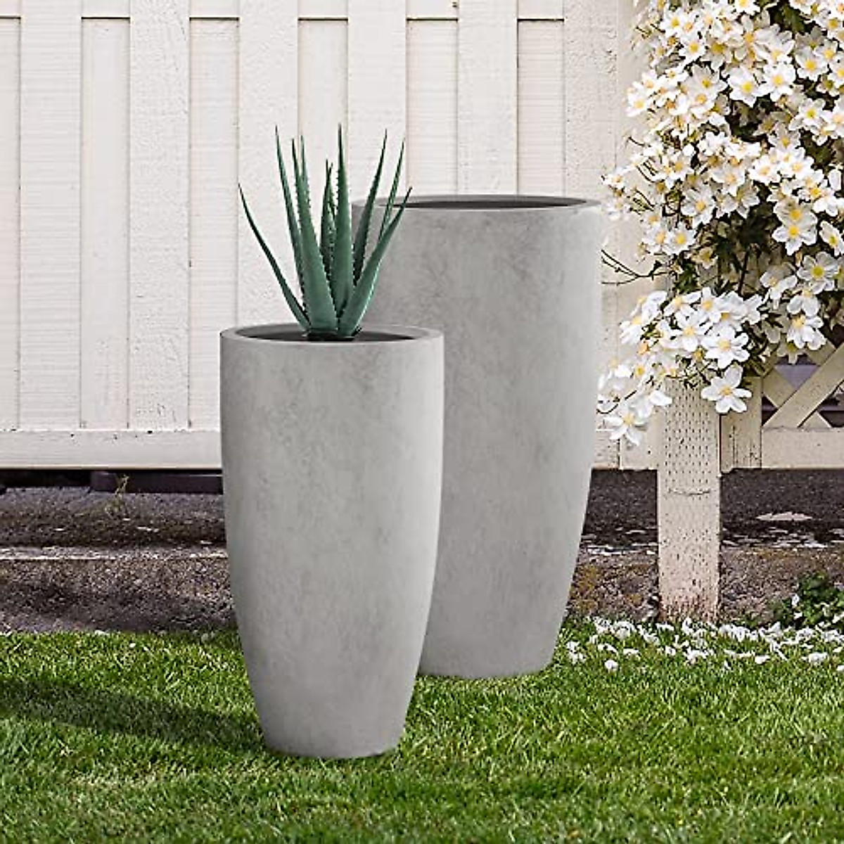 Kante 31.4" and 23.6" H Natural Concrete Finish Concrete Tall Planters Large Outdoor Indoor Decorative Plant Pots with Drainage Hole and Rubber Plug, Modern Tapered Style for Home and Garden