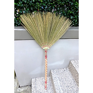 Asian Thai Handmade Broom ONE Piece Selected at Random for Sweeping Natural Grass & Wood Handle Corn Broom + 100% Calico Cotton Duster Cover (Various Styles and Colours as Pictured)