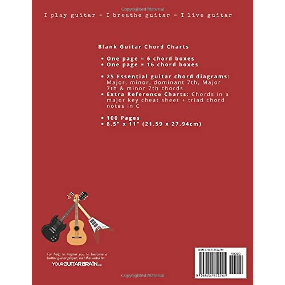 Awesome Blank Guitar Chord Book (Red): 6 & 16 Large Chord Boxes Per Page (Gifts for Guitarists & Songwriters) + BONUS 25 Essential Chord Charts + ... (Guitar Notebooks & Guitarist Accessories)