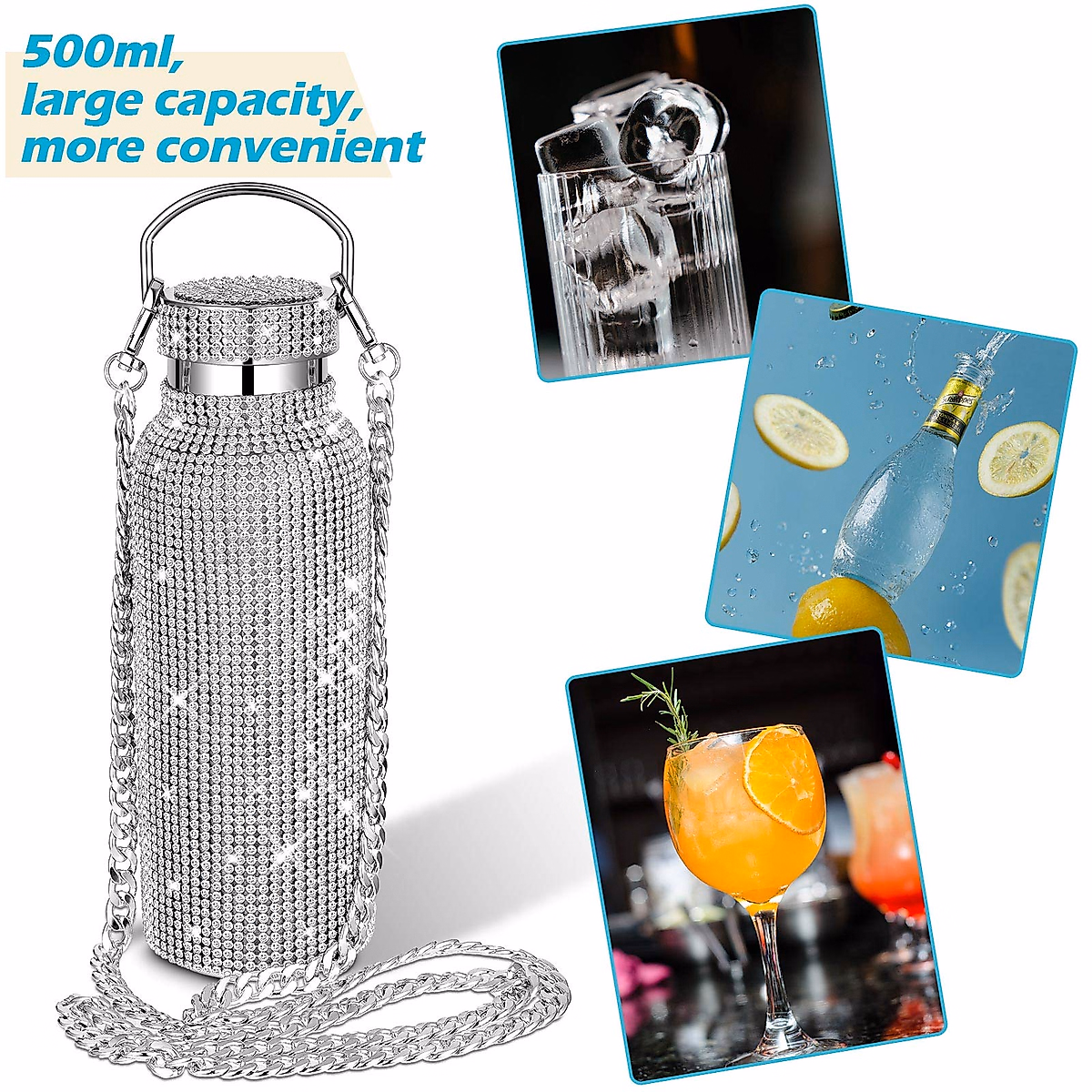 Diamond Water Bottle Bling Rhinestone Stainless Steel Thermal Bottle Refillable Insulated Glitter Water Jug with Chain for Women Girls Gifts(500 ml,Silver)