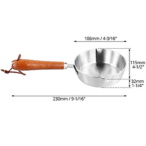 QWORK Butter Warmer Pot with Wooden Handle, Stainless Steel Milk Frothing Pitcher, 6.8oz Milk Warmer Pot Sauce Pan - Dual Pour Spouts, for Coffee, Latte Art, Melting Chocolate, Heating, and Cooking