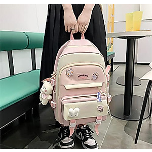 LaurelTree Kawaii Aesthetic Cute 5pcs School Bags Set with Accessories School Suppliers for Teens Girls Backpack Tote Bag (Pink)