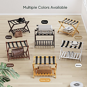 Semiocthome 2 Pack Fully Assembled Luggage Rack, Folding Suitcase Stand with Storage Shelf, Wood Suitcase Rack fit Most Luggage Size, Luggage Holders Stand for Guest Room Bedroom and Hotel (Wood