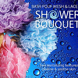 Loofah-Bath-Sponge Lace-Mesh-Set // 2-Scrubs-in-1 by Shower Bouquet/Large Full 60g Pouf (4 Pack Spa Colors) Body Luffa Loofa Loufa Puff - Exfoliate, Cleanse Skin with Luxurious Bathing Accessories