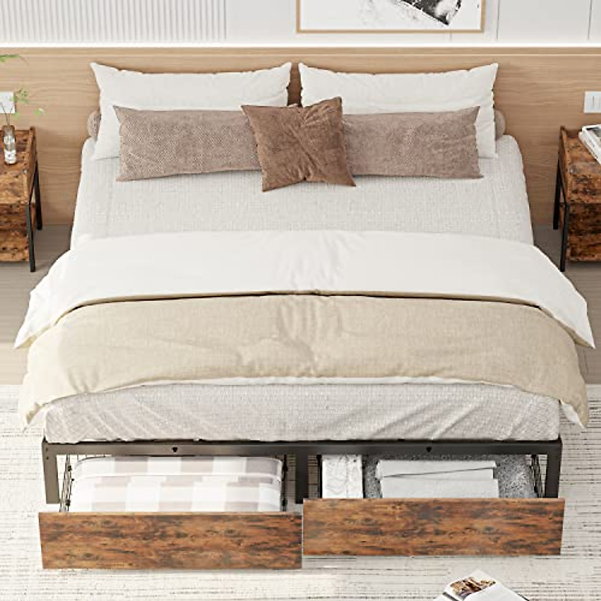 LIKIMIO Bed Frame King, Metal Platform Bed with 2 Industrial Wood Storage Drawers and 12 Strong Steel Slats, No Box Spring Needed/Easy Assembly/Noise-Free/Space-Saving