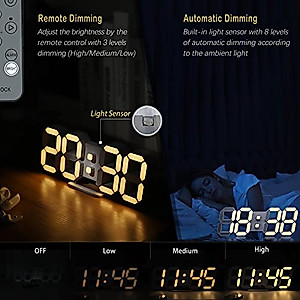 KOSUMOSU Digital Clock 3D LED Wall Clock 9.7" Bedside Clock for Bedroom Living Room Office Classroom Night Light Auto/Custom Brightness, Temperature, Remote Control (Warm Light)