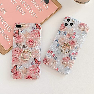 Qokey for iPhone 8 Plus Case,iPhone 7 Plus Case 5.5 inch Flower Cute Stand Cover for Women Girls 360 Degree Rotating Ring Stand Kickstand Soft TPU Shockproof Rose Butterfly