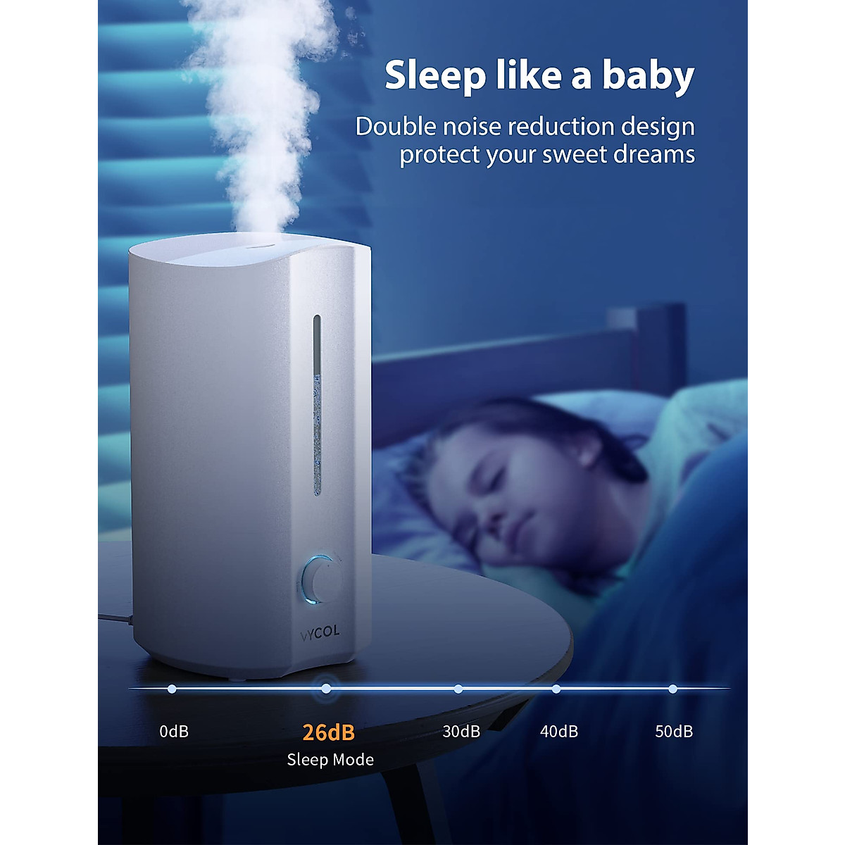 VYCOL Humidifiers for Bedrooms, 4L Ultrasonic Top Fill Cool Mist Humidifier for Large Room, Plants, Super Quiet, Lasts up to 65 Hours, Auto Shut-Off Air Vaporizer for Baby, Kids & Nursery White