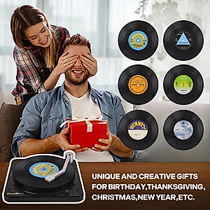 Funny Retro Vinyl Record Coasters for Drinks with Vinyl Record Player Holder for Music Lovers,Set of 6 Conversation Piece Sayings Drink Coaster,Housewarming Hostess Gifts, Wedding Registry Gift Ideas