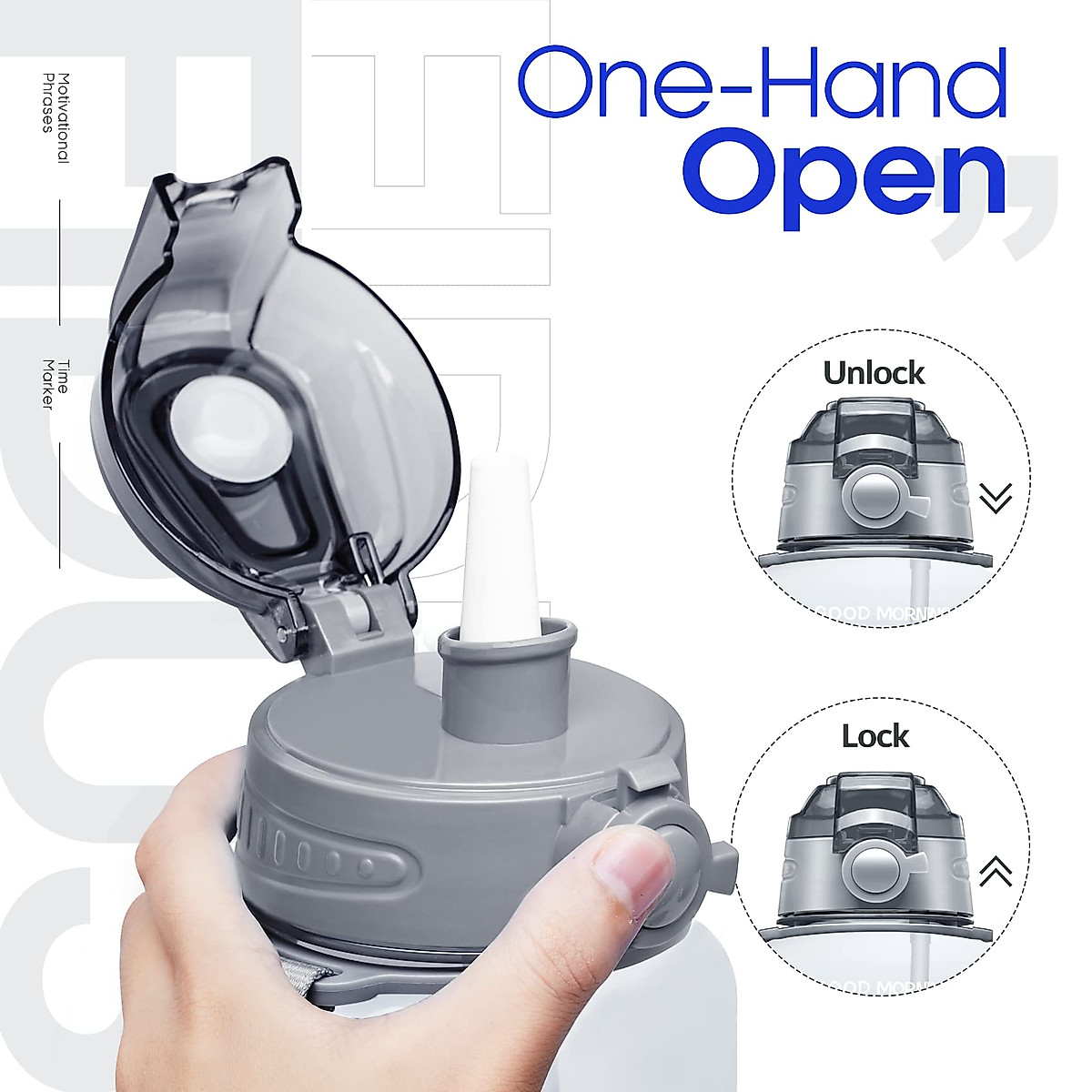 Fidus Large Half Gallon/64OZ Motivational Water Bottle with Paracord Handle & Removable Straw - BPA Free Leakproof Water Jug with Time Marker to Ensure You Drink Enough Water Daily-White/Gray