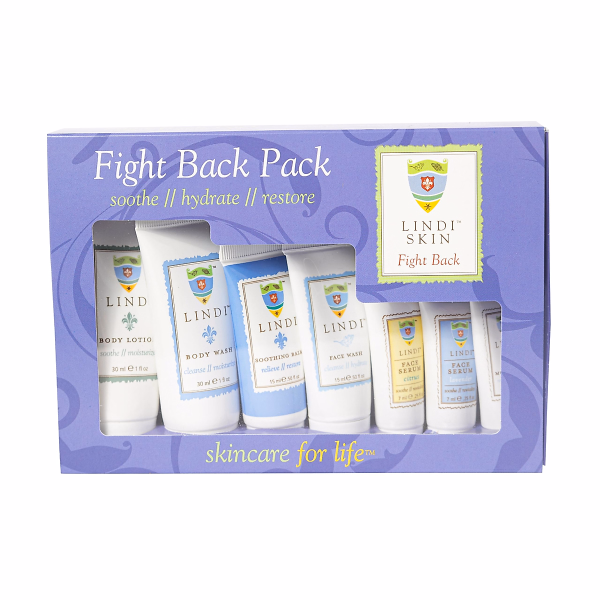 LINDI SKIN Fight Back Pack - Starter Kit That Includes Body Lotion, Body Wash, Face Serum, Face Moisturizer, Soothing Balm, and Face Wash for Chemo Rash, Radiation Burn & Other Cancer Side-Effects