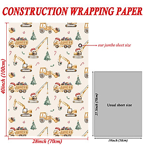 SaringSwoon Construction Christmas Wrapping Paper for Kids - Holiday Wrapping Paper with Dump Trucks, Cranes, Excavators with Santa Hats & Gifts, Christmas Tree - 40×28 Inches, 4 Folded Sheets