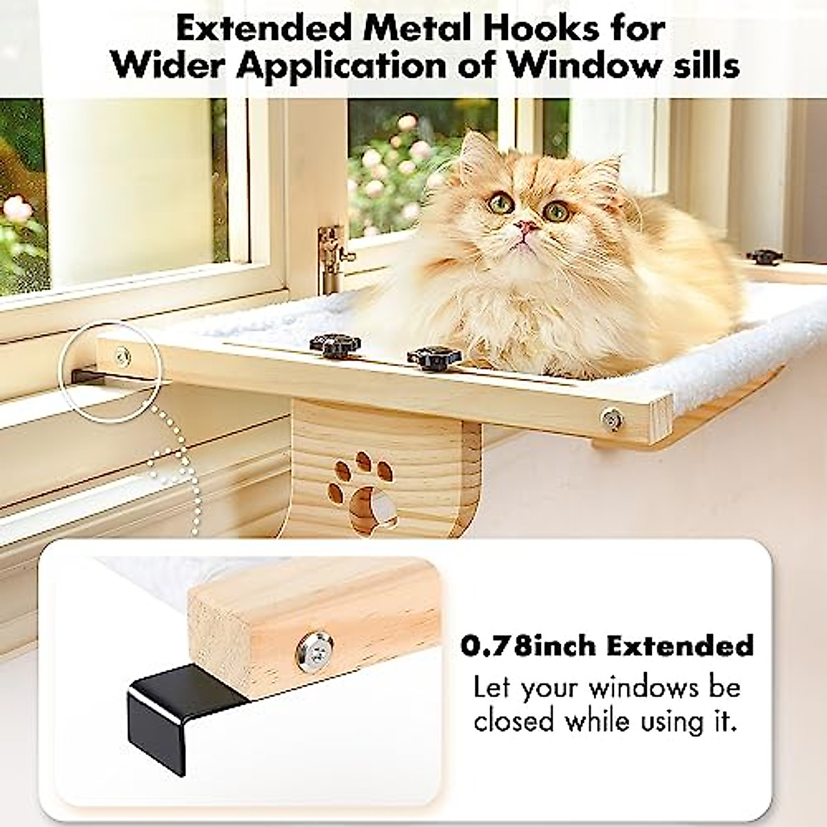 AMOSIJOY Cat Sill Window Perch Sturdy Cat Hammock Window Seat with Wood & Metal Frame for Large Cats, Easy to Adjust Cat Bed for Windowsill, Bedside, Drawer and Cabinet (21.7''-White Plush)
