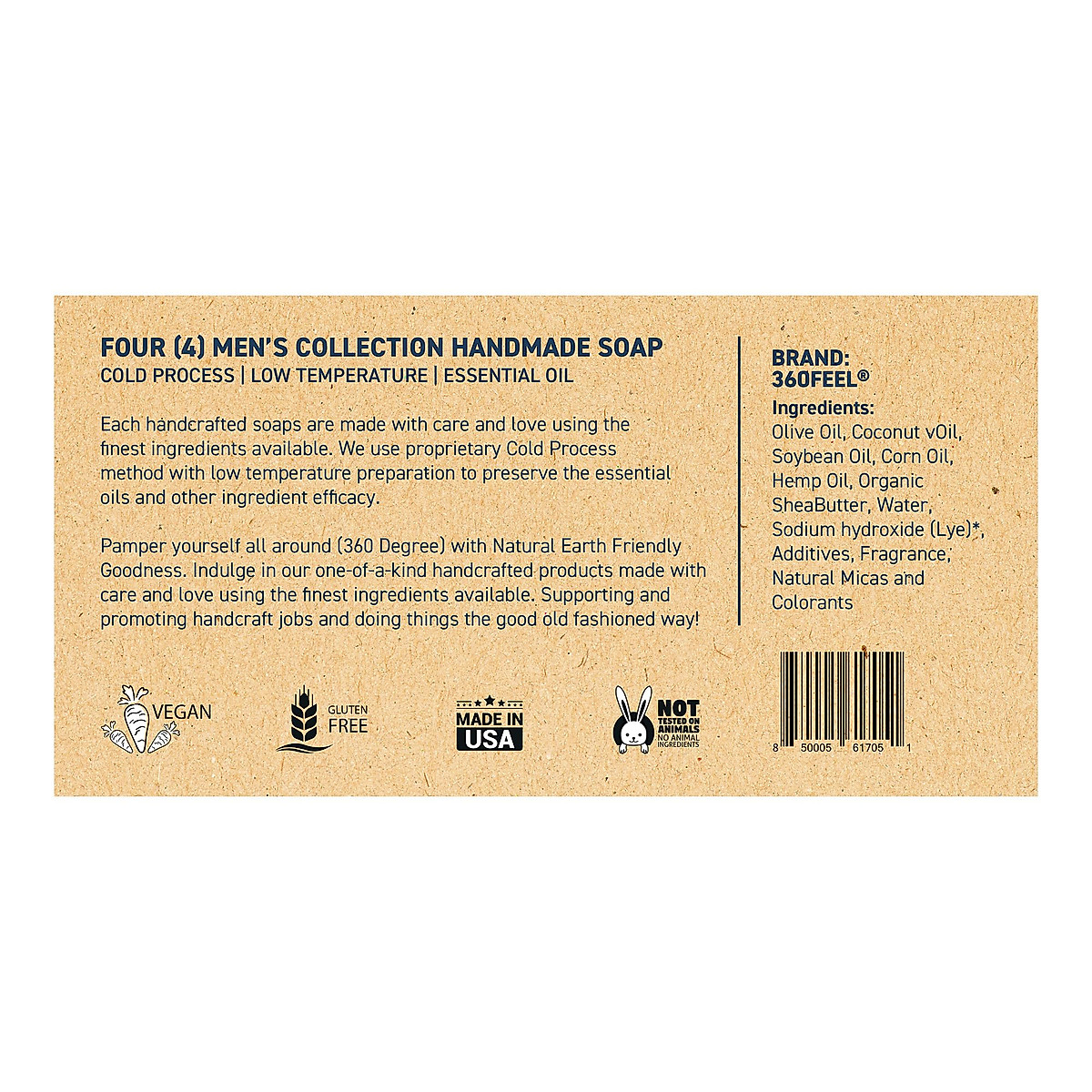 360 Feel Men's Soap bar Handmade -Masculine fragrance-, Patchouli, Pine Tar with Charcoal Beeswax,Citrus - Gift pack- Natural Men Soap- Gift for him Bay Rum, 4 Count (Pack of 1)