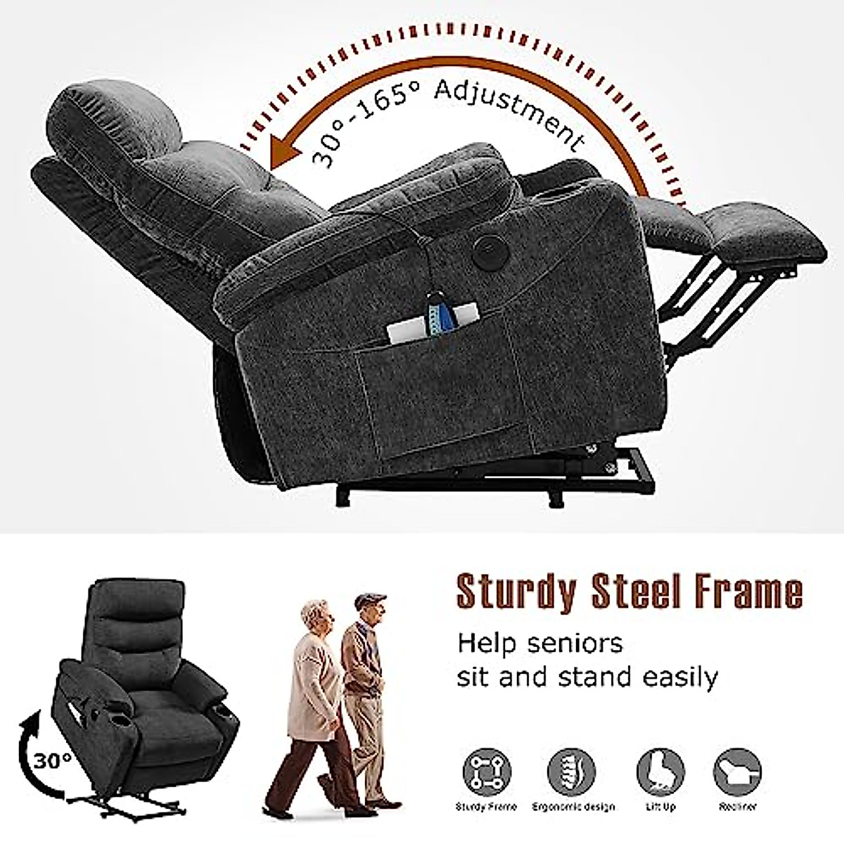 HLTIHOME Electric Power Lift Recliner Chair Sofa with Massage and Heat,3 Positions,2 Side Pockets and Cup Holders,USB Ports, High-end Quality Fabric for Home Living Room Bedroom (Grey)