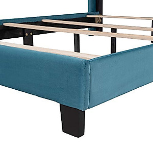 Prohon Bed Frame Queen Size with Velvet Wingback Headboard, Upholstered Platform Bed Box Spring Needed, Silent Design Comfort Bedframe w/Strong Wood Slats Support, Easy to Install, Blue