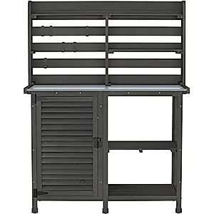 GDLF Potting Bench Table Large Garden Outdoor Work Bench Metal Tabletop Workstation with Storage Cabinet Shelf Dark Grey
