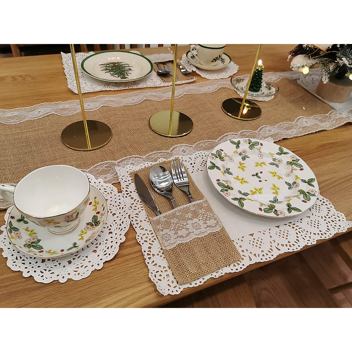 Lucky Monet 25/50/100PCS 4 x 8Inch Natural Burlap Lace Silverware Bag Utensil Holder Cutlery Pouch Hessian Knife Fork Tableware Bags for Wedding Party Restaurant Decoration (100PCS)