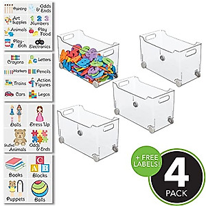 mDesign Plastic Storage Container Bin Box with Rolling Wheels and Handle for Toy Organization - Playroom, Gaming, Classroom, or Daycare - Lumiere Collection - Includes 4 Bins, 24 Labels - Gray/Clear