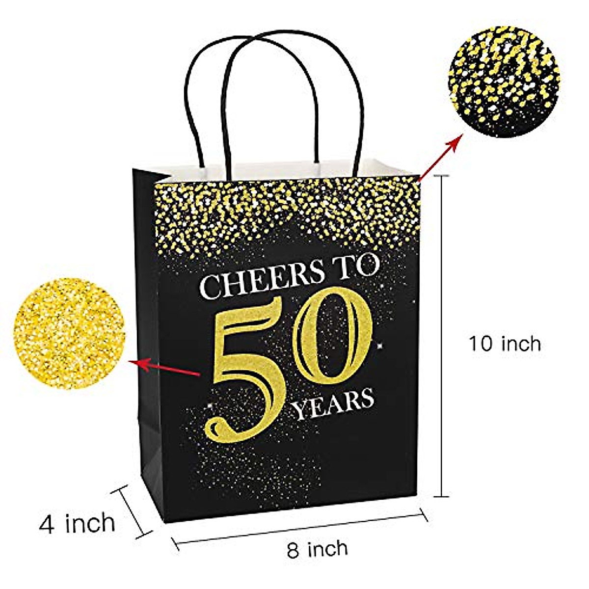 WRAPAHOLIC Medium Size Gift Bags - 12 Pack Cheers to 50 Years Black and Gold Glitter Paper Bags with Gold Tissue Paper for Birthday, Party, Anniversary, Wedding - 8" x 4" x 10"