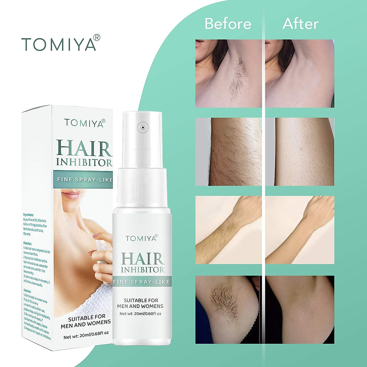 Tomiya Hair Inhibitor - Hair Stop Growth Spray - With 5 Wax Strips - Natural Ingredient to Inhibit and Reduce to Stop Hair Growth - Safe for Face, Arm, Leg, Armpit Use - Smooth Your Skin - 20 ML