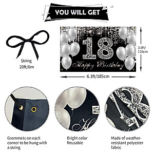 HTDZZI 18th Birthday Banner Backdrop, Happy 18th Birthday Decorations for Boys Girls, Black Silver 18 Year Old Birthday Party Yard Sign Photo Props Decorations Supplies for Men Women, Fabric