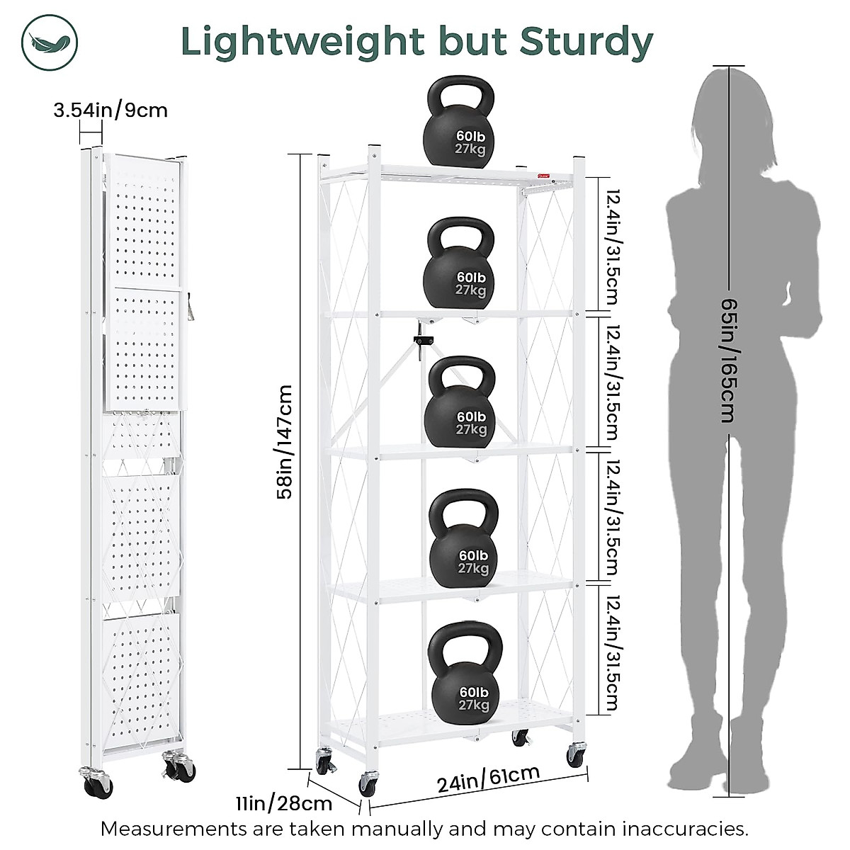 DEANIC 5-Shelf Folding Bookcase with Wheels, Heavy Duty Storage Shelves, Freestanding Metal Wire Shelving Unit for Living Room, Office, Kitchen, Basement, Pantry (White)