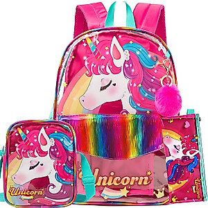 School Kids Unicorn Clear Backpack for Girls Heavy Duty PVC Transparent Backpacks See Through 16" Preschool Bag with Crossbody Bag Toddlers Kindergarten Travel Bag Red