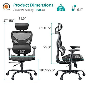 BNEHS Office Chair Ergonomic,Branch Mesh Chair for Heavy People with Slide Seat, Executive Desk Chair for Back Pain with Adjustable Headrest,Black
