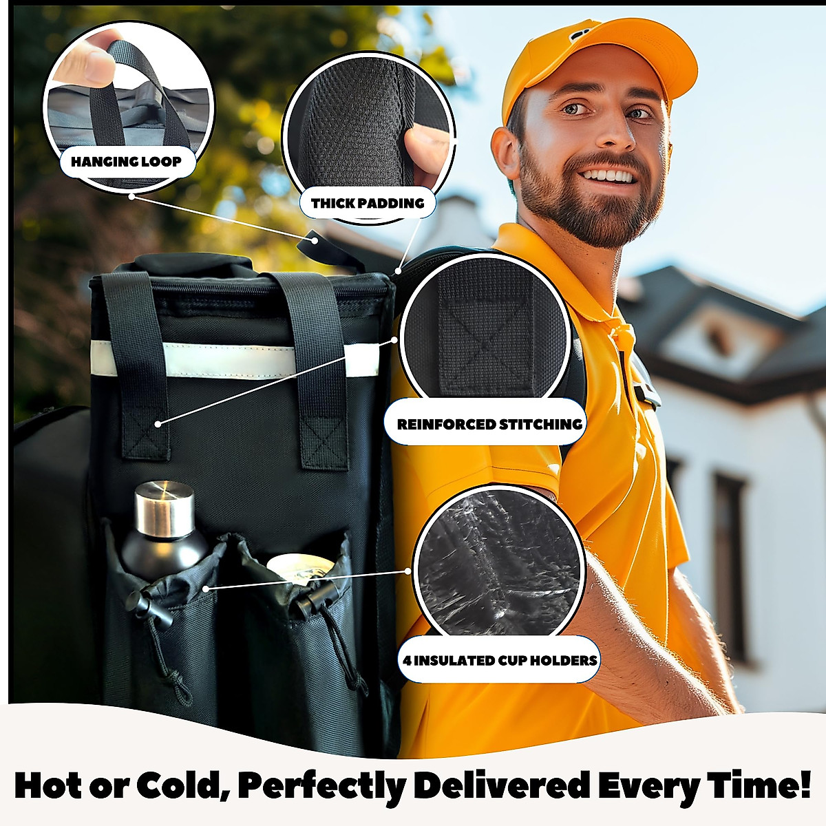 Insulated Food Delivery Backpack made with Expandable 1680D commercial-grade fabric features customizable Velcro patch area for branding, ideal for bike deliveries, Uber Eats, DoorDash, Grubhub