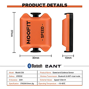 moofit Cadence Speed Sensor, Bluetooth & ANT+ Wireless RPM Cycling Spin Bike Cadence Sensor for Wahoo/Zwift/Coosporide/Rouvy/Peloton, IP67 Waterproof, Orange