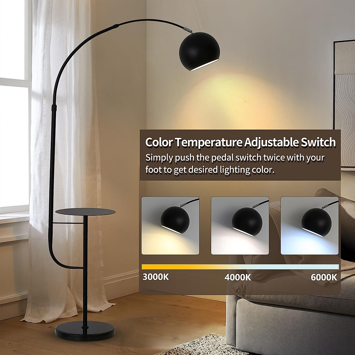 O'NEELDY Modern Black Arc Floor Lamp with Table Attached 71" Height Marble Arched Floor Lamp Curved Tall Shelf Standing Lamp for Living Room, Bedroom, Office, 360° Shade, E26 Bulb Included