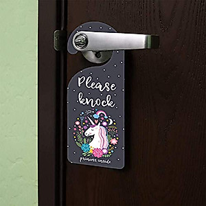 Please Knock Princess Inside Wooden Door Knob Hanger Sign for Kids' Room,Playing Room,Home, Girl's Room 9"*3.54" Unicorn with Flowers and Stars Decoration