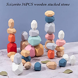 Scizorito 36 PCS Wooden Colorful Sorting Stacking Balance Stone,Lightweight Educational Preschool Learning Game, Natural Montessori Puzzle Set Toys for Children Over 3 Years Old