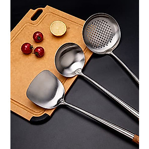 Wok spatula and ladle,Skimmer Ladle Tool Set, 17inches spatula for wok, 304 Stainless Steel wok spatula.