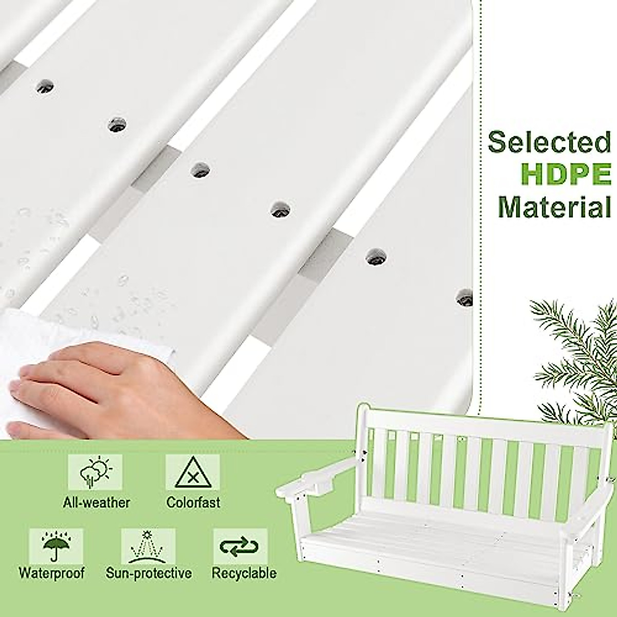 Tangkula 2 Person Hanging Porch Swing, Outdoor Bench Swing with Adjustable Chains, Hidden Cup Holders, HDPE Tree Swing Chair for Patio Backyard Deck Garden, 54 Inch (White)