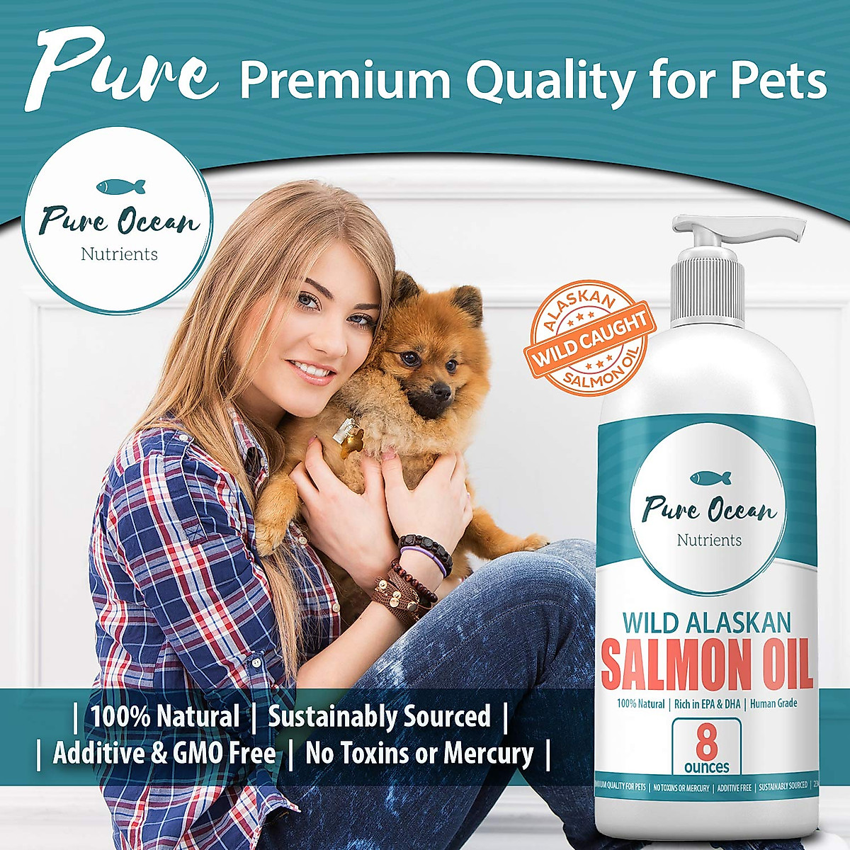 Wild Alaskan Salmon Oil for Dogs and Cats 8 Ounce; Natural Supplement with Omega 3's to Support Joint, Heart, and Immune Health; Promotes a Shiny Soft Coat and Healthy Skin