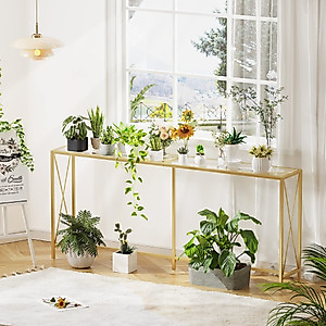 SUPERJARE 70 Inch Console Table with LED Light Strips, Gold Entryway Table with Tempered Glass, Sofa Table, Hallway Table for Entryway, Rubber Pads, for Living Room, Front Door, Gold