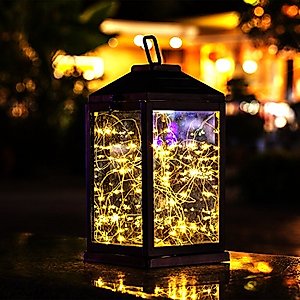 Solar Lantern Lights Metal Sunwind with 30 Warm White LEDs Fairy String Lights Outdoor Decorative Table Lamp (Black-11.4"H)