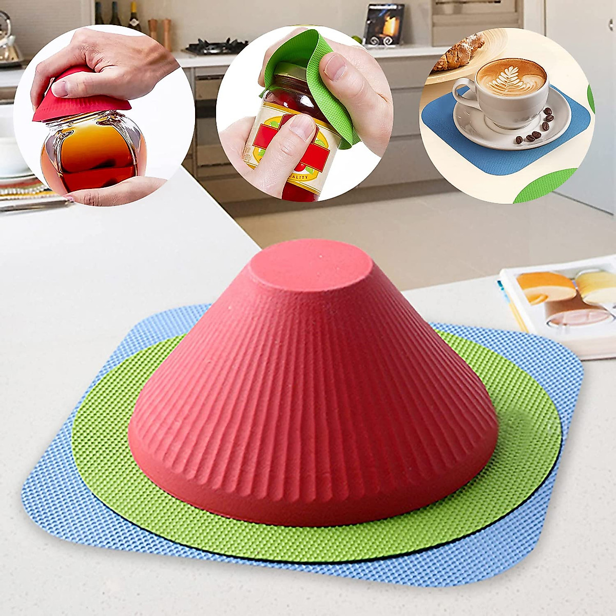 3 pcs Jar Opener Gripper Pads, Rubber Jar Grippers Multi-function Jar Opener for Seniors with Arthritis Weak Hands Kitchen Coasters