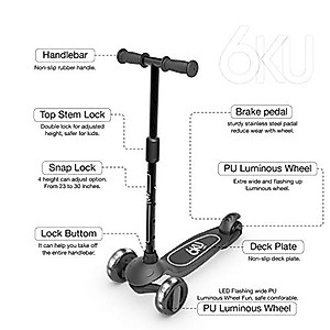 6KU Scooter for Kids Ages 3-5 with Flash Wheels, Kids Scooter 4 Adjustable Height, Toddler Scooter Extra-Wide PU LED Wheels, 3 Wheel Scooter for Kids for Girls & Boys Learn to Steer(Black)