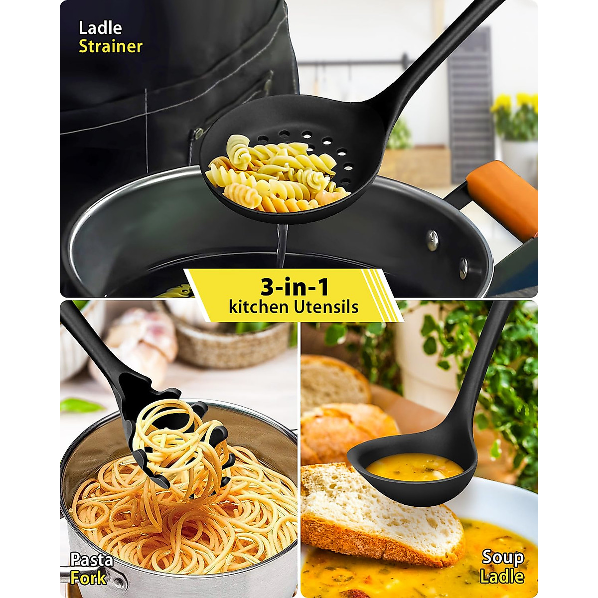 3 Pcs Silicone Kitchen Utensils Set, Soup Ladle-Pasta Fork-Slottede Spoon, Nonstick BPA Free High Heat Resistant Cooking Utensils for Mixing, Serving, Draining, Turning, Stirring