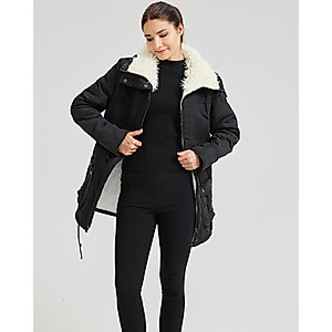 MEWOW Women's Winter Mid Length Thick Warm Faux Lamb Wool Lined Jacket Coat (M, Black)