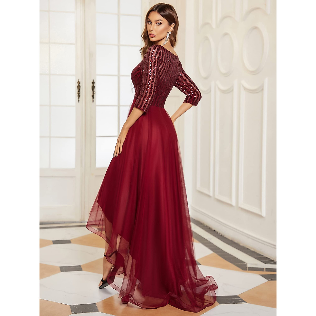Ever-Pretty Women's High Low A-Line Sequin 3/4 Sleeve Tulle Evening Party Dress Burgundy US4