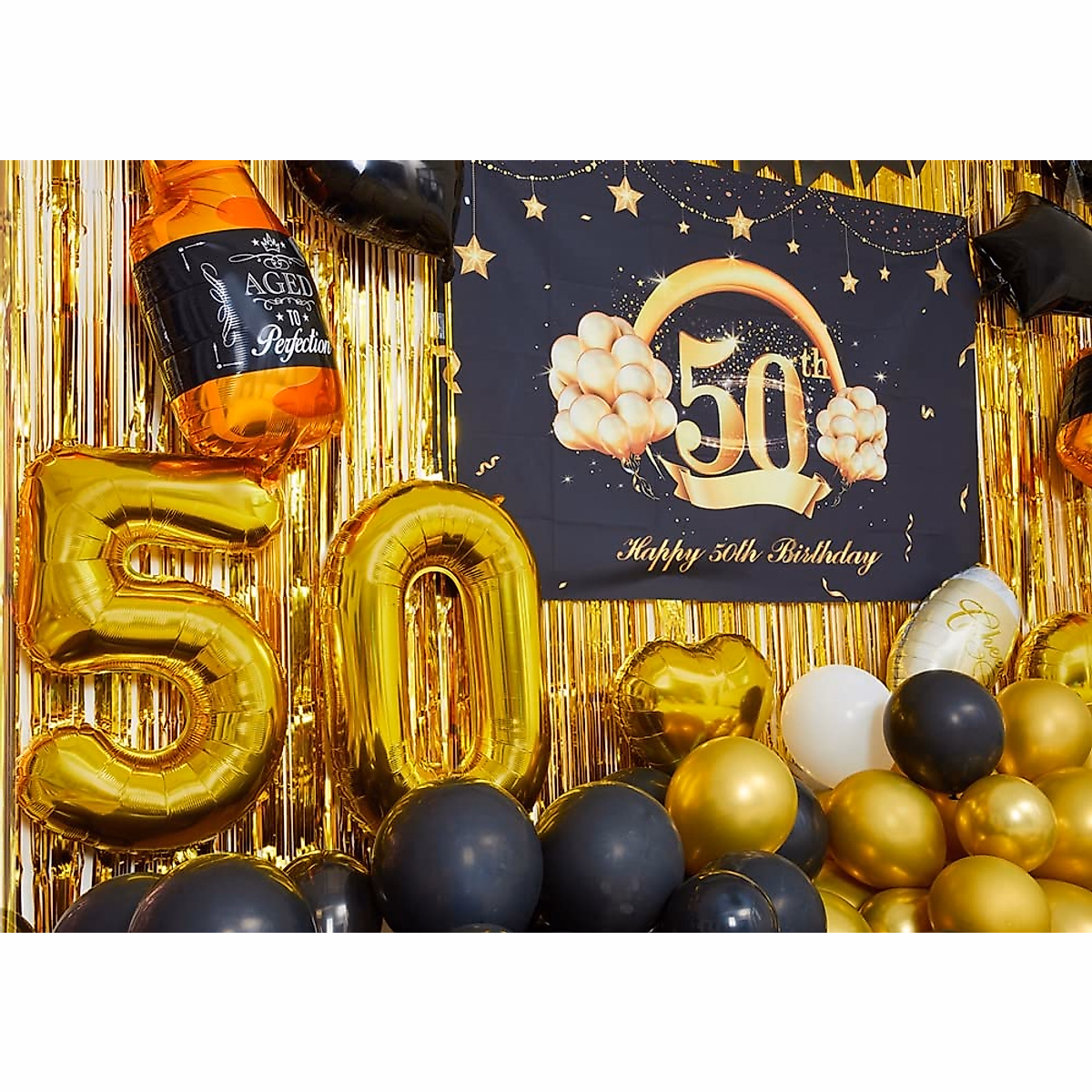 50th Birthday Party Decorations to 50 Years Old Party Supplies for Men with Balloons Garland kit, 50th Birthday Backdrop, Happy Birthday Banner, Foil Balloons and Curtains