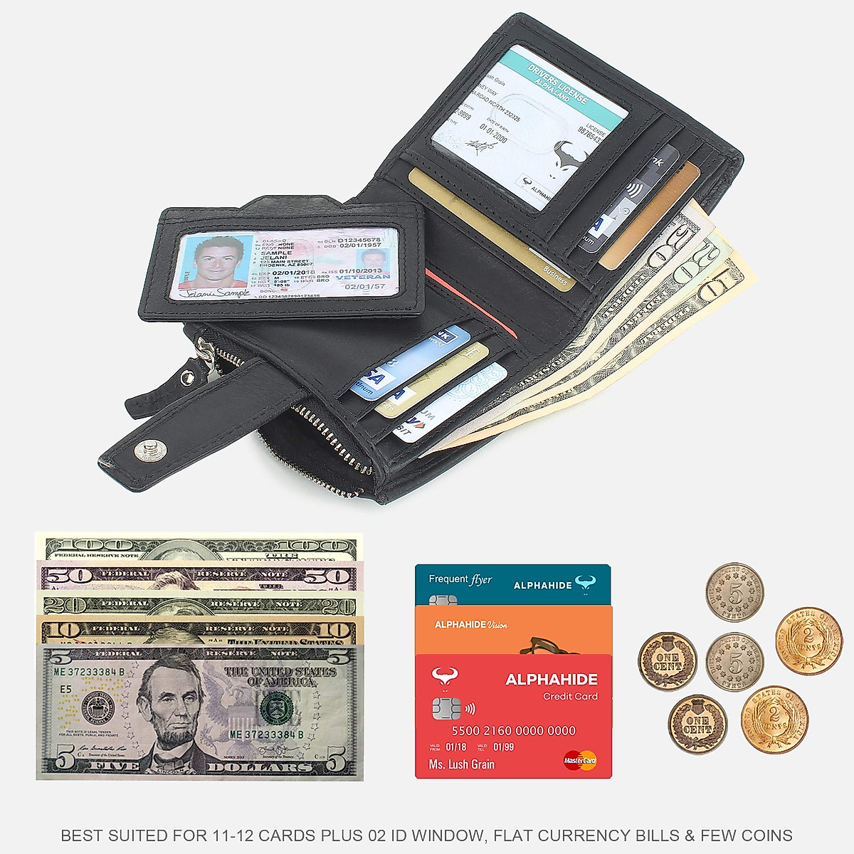 ALPHAHIDE Genuine Leather Compact Bifold Wallet for Women - RFID Blocking Ladies Wallet - Removable ID/Credit Card Case - Credit Card holder with Zipper Coin Pocket - Gift Boxed