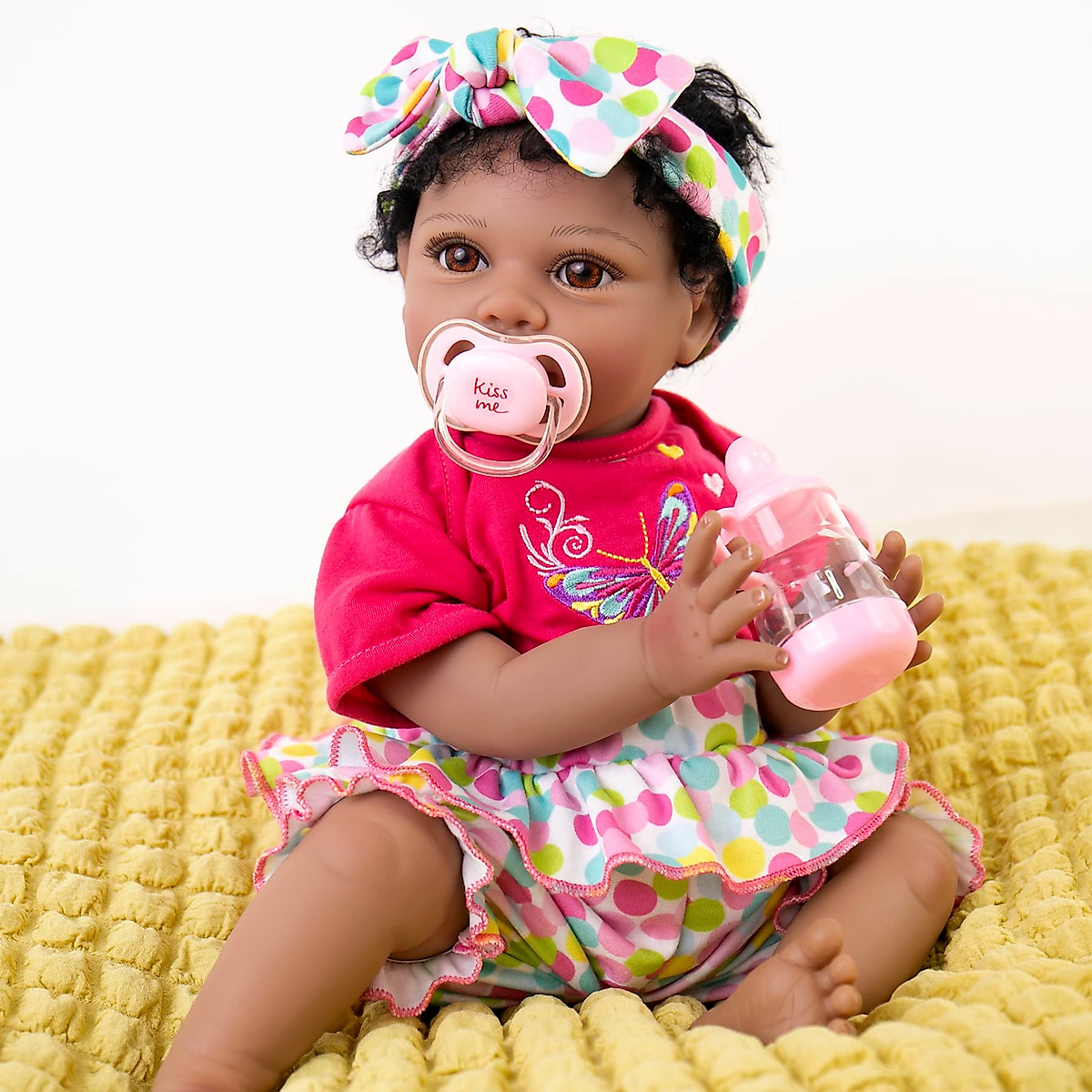 Aori Reborn Baby Dolls Black 22 inch African American Lifelike Newborn Baby Girl Doll with Butterfly Gift Set