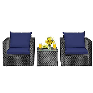 HAPPYGRILL 3-Piece Patio Furniture Set Rattan Wicker Patio Conversation Set with Coffee Table and Cushions Outdoor Sofa Set for Garden Balcony Porch Poolside