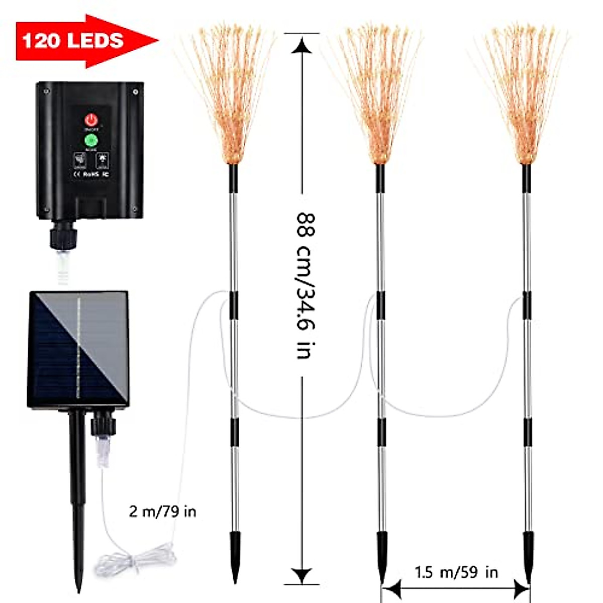 Solar Outdoor Garden Lights, [3 Pack] 360LED Solar Firework Lights 8 Modes Waterproof with Remote Control, Warm Yellow Starburst Fairy Lights for Pathway Backyard Patio Christmas Lawn Wedding Decor